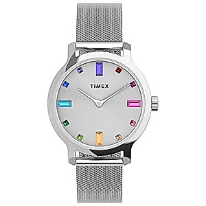 Timex Women's Transcend 31mm Watch – Silver-Tone Case Silver-Tone Dial with Multicolored Stones & Stainless Steel Mesh Bracelet