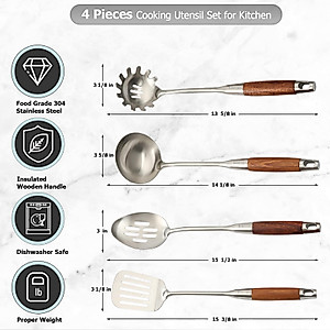 Barenthal Cooking Utensil Set,304 Stainless Steel Kitchen Utensils with Wood Handle, 4 Pieces Kitchen Stainless Steel Cookware Set Utensils - Slotted Spatula, Pasta, Spoon, Soup Ladle Set