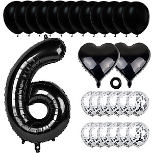 40 inch Giant Large Black Number 6 Balloon,with Foil Heart Balloons/Latex Balloons for Birthdays, Anniversaries, Graduations, 6th Birthday Decorations for Kids