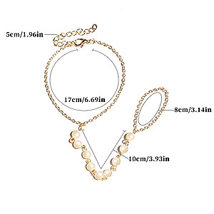 Obmyec Boho Pearl Finger Bracelets Gold Pearl Ring Hand Chain Wedding Beaded Slave Hand Harness Bracelets Bridal Hand Jewelry for Women