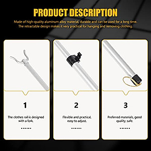 PATKAW Closet Reacher Pole 125X7X2.5cm Wardrobe Hanger Pole with Hook and Grip Handle Aluminum Alloy Clothing Hanger Telescopic Rod to Easily Reach Clothes and Closet Poles