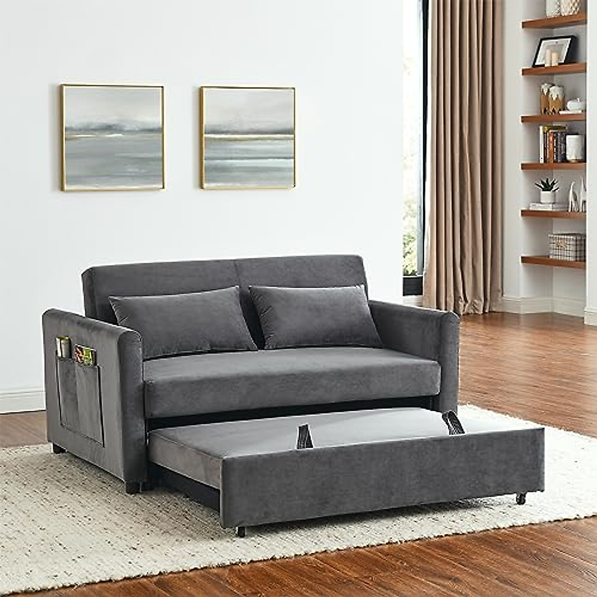 FANYE Foldable Futon Sofa Loveseat Convertible Sleeper Couch Bed for Small Space Apartment Office Living Room Furniture Sets with 2, Tufted Back & Seat Sofabed, Gray Velvet Bring Side Pockets, Pillows