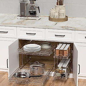 OCG 2 Tier Pull Out Cabinet Organizer (15.5" W x 21" D), Pull Out Drawers for Kitchen Cabinets, Pull Out Shelves for Base Cabinet Organization in Kitchen Bathroom Pantry, Chrome Finish