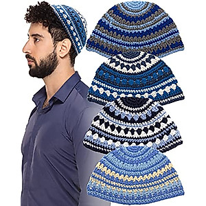 HolYudaica Pack of 4-Pcs - Hq 23cm/Large Size Mix Colors Handmade Frik Kippah for Men Boys and Kids, Yamaka Hat from Israel - Kippot Bulk (Mix 3)