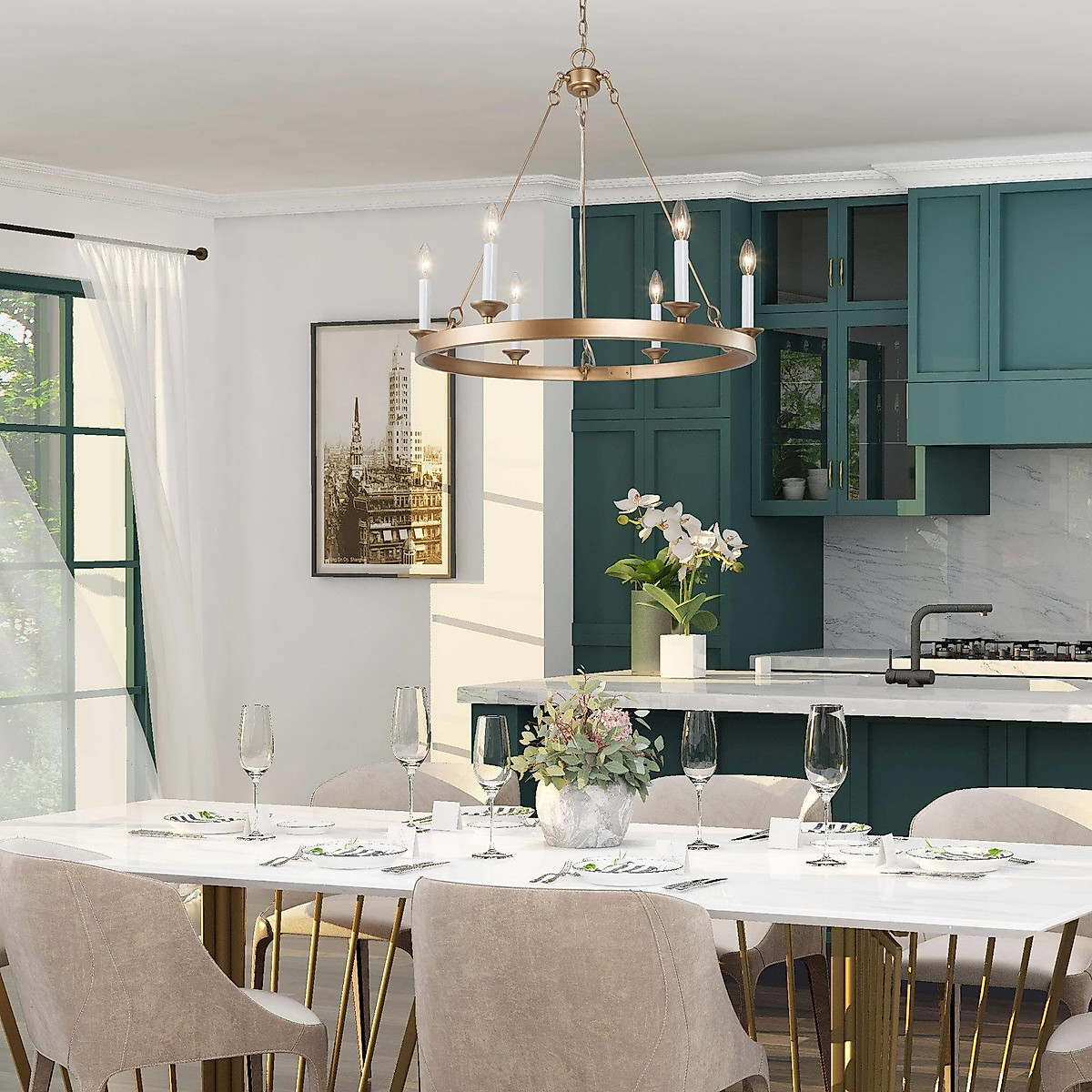 Uolfin Wagon Wheel Chandelier Gold, Modern Large 26.5” Dining Room Chandelier Light Fixture with 6 White Candlesticks for Kitchen, Living Room and Bedroom