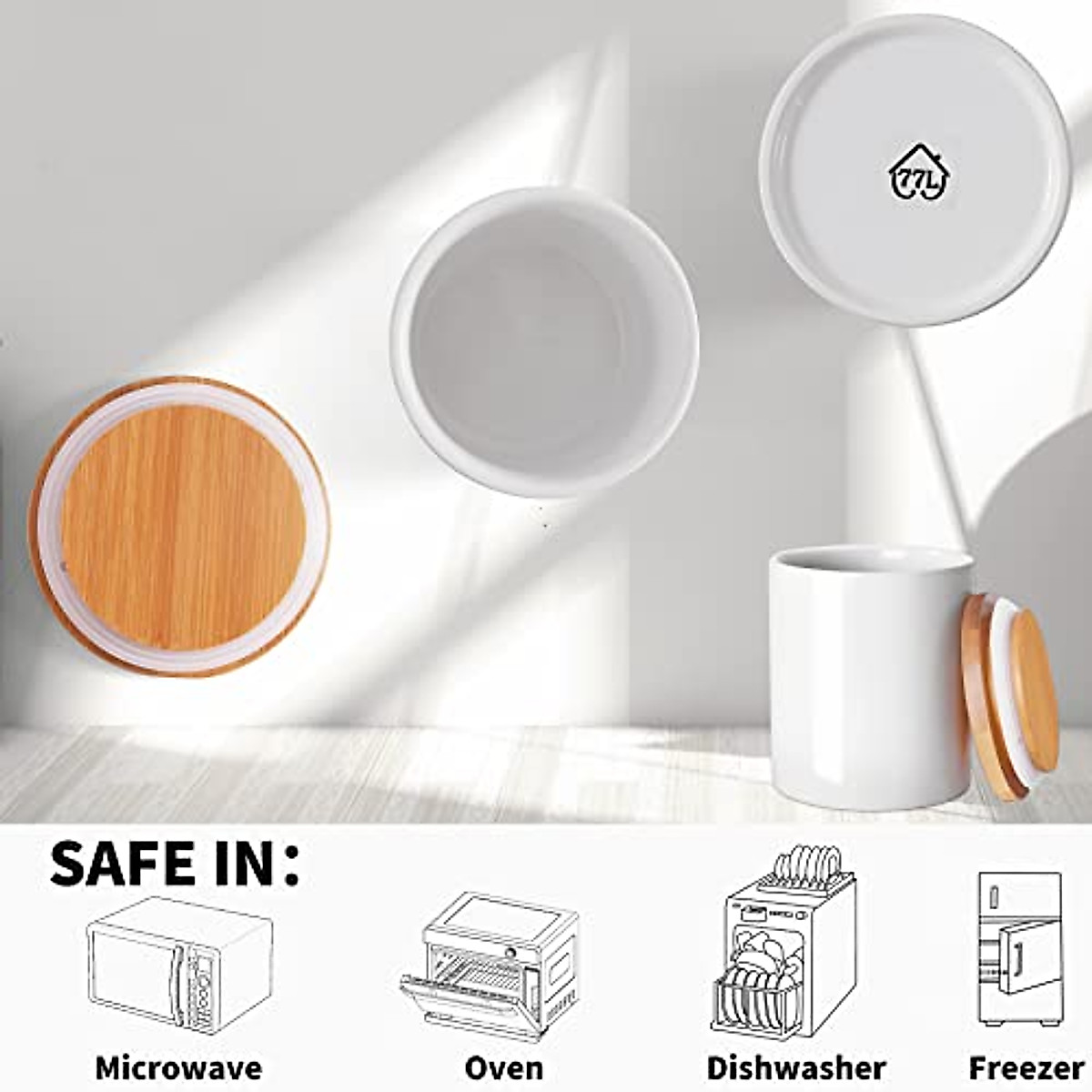 77L Food Storage Jar, 10.13 FL OZ (300 ML), Ceramic Food Storage Jar with Airtight Seal Bamboo Lid - Modern Design White Ceramic Food Storage Canister for Serving Tea, Coffee, Spice and More