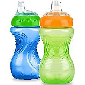 Nuby No Spill Easy Grip Trainer Cup 10 oz (Pack of 2, Blue/Green)