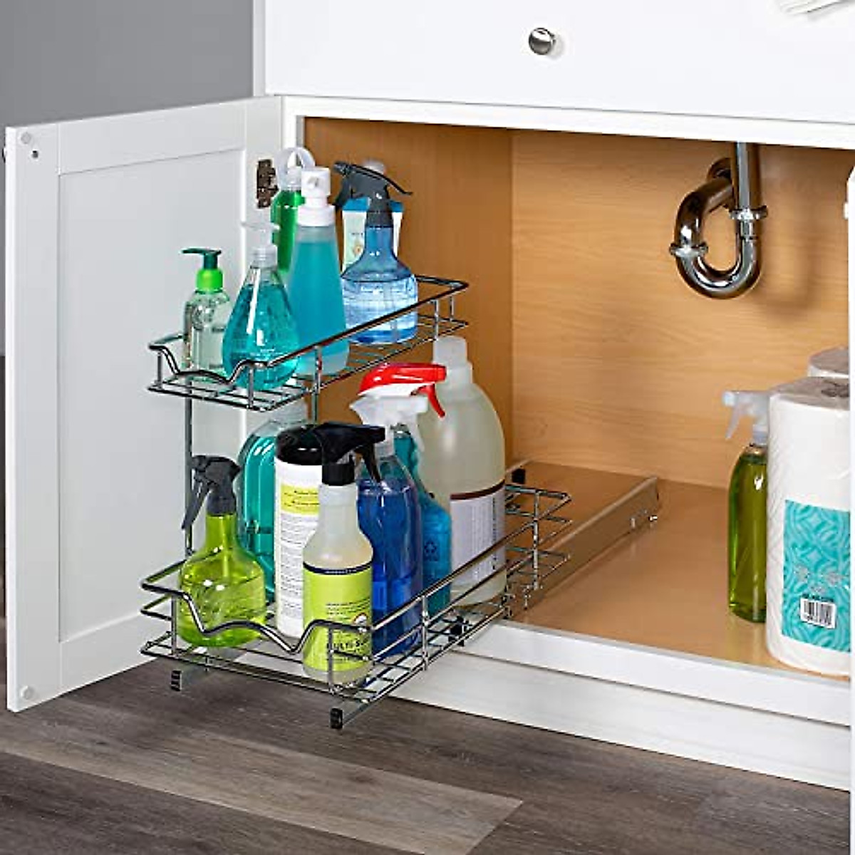 Hold N’ Storage Under Sink Organizers and Storage - 2 Tier Slide Out Cabinet Organizer with Sliding Drawers for Inside Cabinets- 11" W x 18" D x 15”H, Chrome