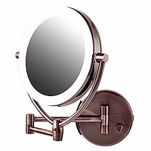 Ovente 7.5" Lighted Wall Mount Makeup Mirror, 1X & 10X Magnifier, Spinning Double Sided Round LED w/ Dimmer Switch, Extend, Retractable & Folding Arm, Battery USB Powered Antique Brass MLW75AB1X10X
