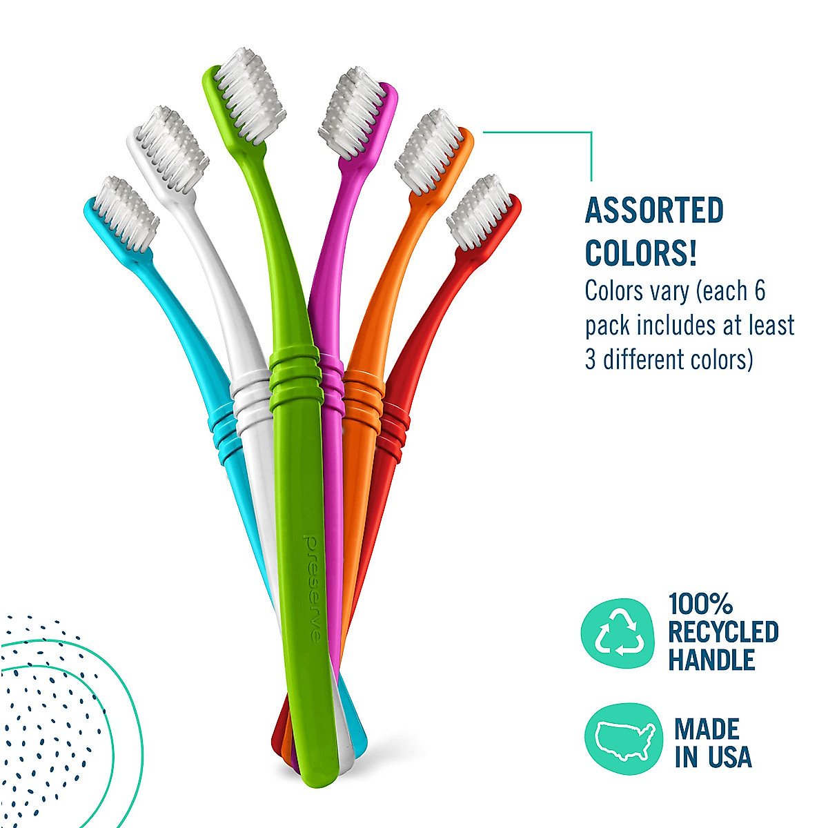 Preserve Eco Friendly Adult Toothbrushes, Made in The USA from Recycled Plastic, Soft Bristles, Paperboard Package, Colors Vary, 6 Count (Soft)