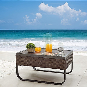 LOKATSE HOME Patio Dining Furniture Outdoor Square Bistro Side Coffee Table with Rattan Wicker Metal Slatted Steel Frame Aluminum Plastic Plate Wood Grain Desktop, Brown