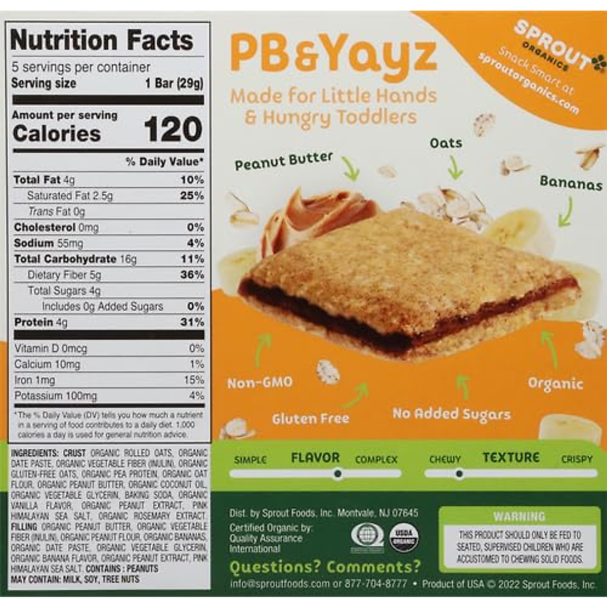 Sprout Organics PB & Yayz Sandwich Bars Peanut Butter & Banana, Organic Gluten Free Toddler Snack