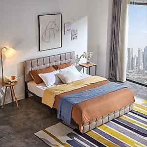 OPTOUGH Queen Size Upholstered Platform Bed Frame with Lights and Height Adjustable Headboard, Square Stitched Button Tech Cloth, No Box Spring Needed,Noise-Free,Beige