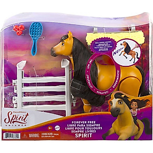 Mattel Spirit Untamed Toy Horse & Accessories Playset, Forever Free Spirit (Approx. 8-inch) with Neighing Sounds, Long Mane & Tail Hair, Brush, Hay Bale & Apple Snack