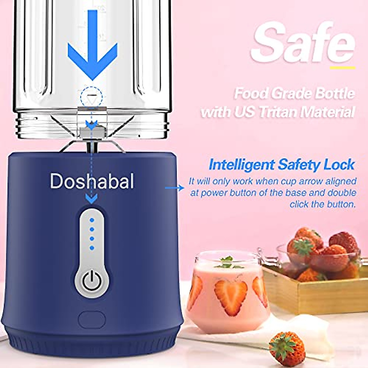 Doshabal Personal Blender, Portable Smoothie Blender on the go, Powerful Blender 18oz Navy Blue