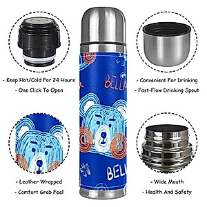 Stainless Steel Leather Vacuum Insulated Mug Bear Thermos Water Bottle for Hot and Cold Drinks Kids Adults 16 Oz