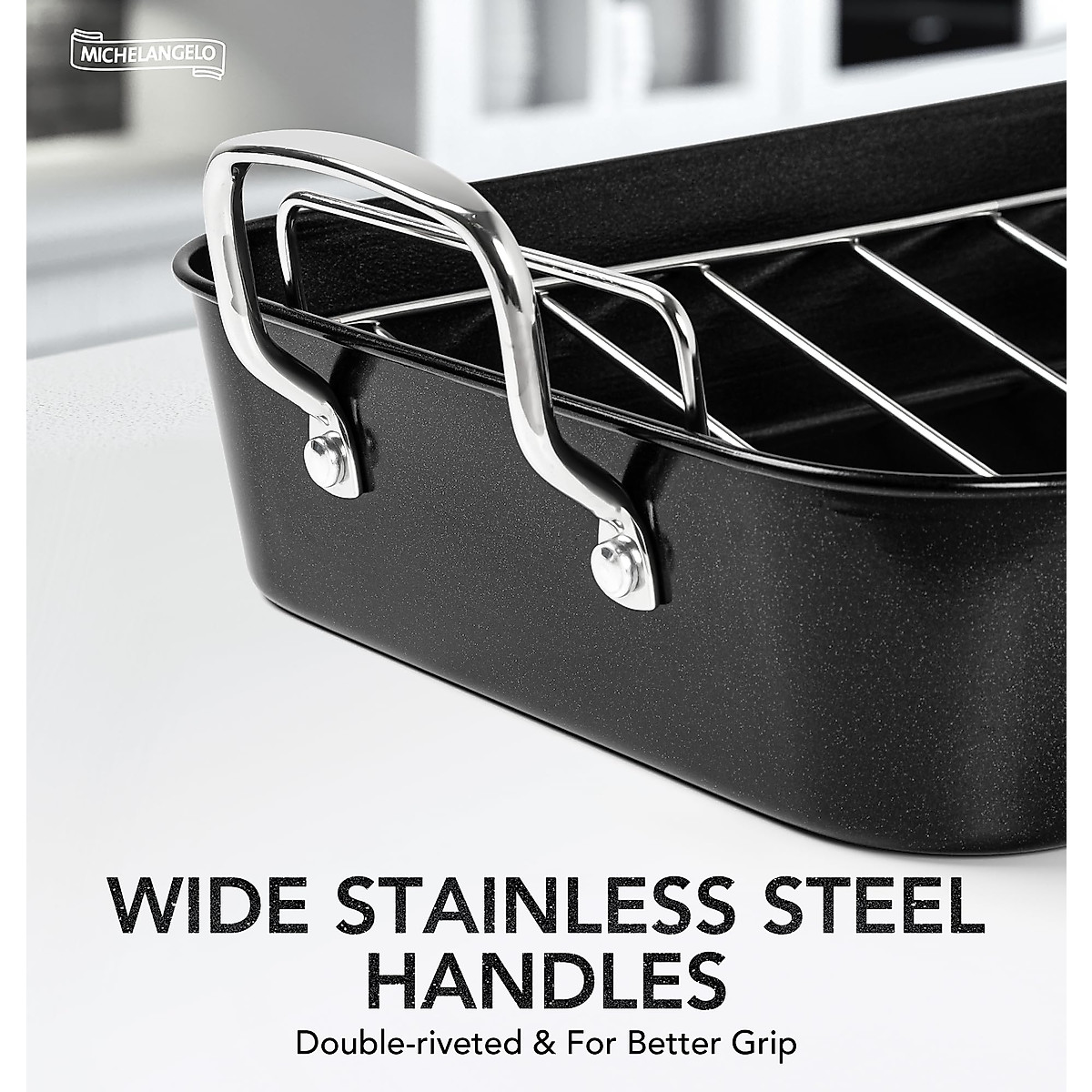 MICHELANGELO Roasting Pan with Rack, Carbon Steel Turkey Roasting Pan for Oven and Induction, Nonstick Turkey Roaster Pan with Stainless Steel Rack, 15 Inch x 11 Inch