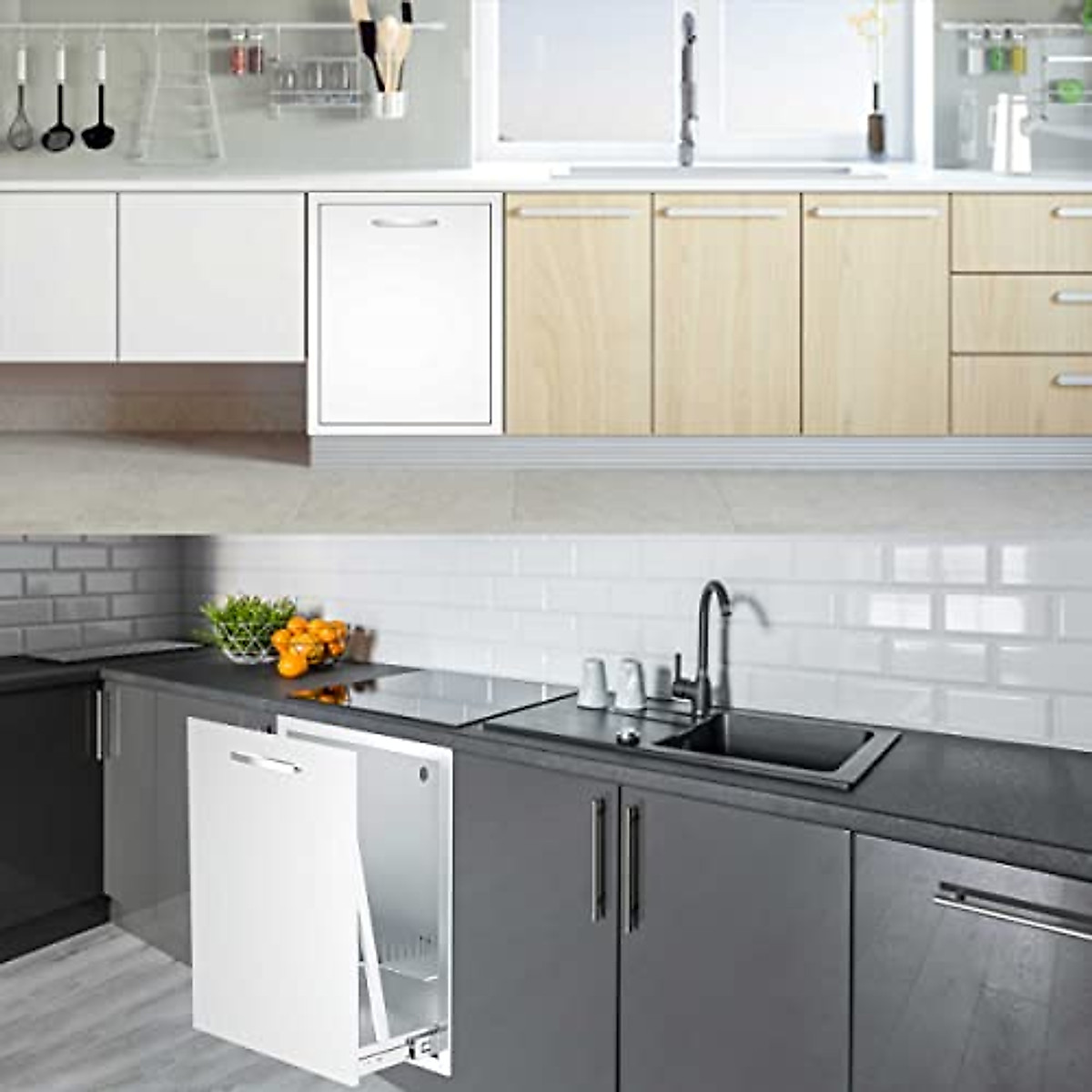 KODOM Built-in Single Trash Drawer 17" W x 23" H x 16" D Pull-Out Tray Outdoor Kitchen Stainless Steel Trash Drawer with Handle Storage Trash Bins or Propane Tank for BBQ Island Grill Station