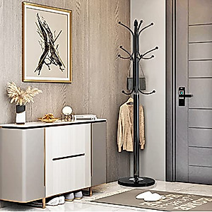 Kertnic Metal Coat Rack Stand with Natural Marble Base, Free Standing Hall Tree with 12 Hooks for Hanging Scarf, Bag, Jacket, Home Entry-way Hat Hanger Organizer (Black)