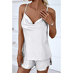 CHYRII Women's White Silk Pajamas Sexy Satin Cowl Neck PJS Cami Shorts Lingerie Lounge Sets XL