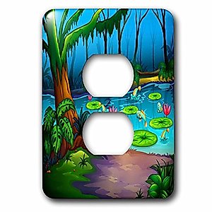 3dRose lsp_167241_6 Colorful Lake with Frogs Lilly Pads Trees and Fun Light Switch Cover