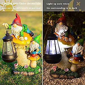 Ovewios Garden Gnome Statue, Large Funny Gnome Figurine Climbing on Mushroom and Holding a Solar LED Lantern Resin Ornament for Patio Yard Lawn Porch Outdoor Decor