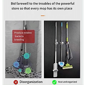 3-pack punch-free stainless steel broom and mop multifunctional rack hooks - self-adhesive and no drilling required - universal for kitchen, bathroom and garden (silver)