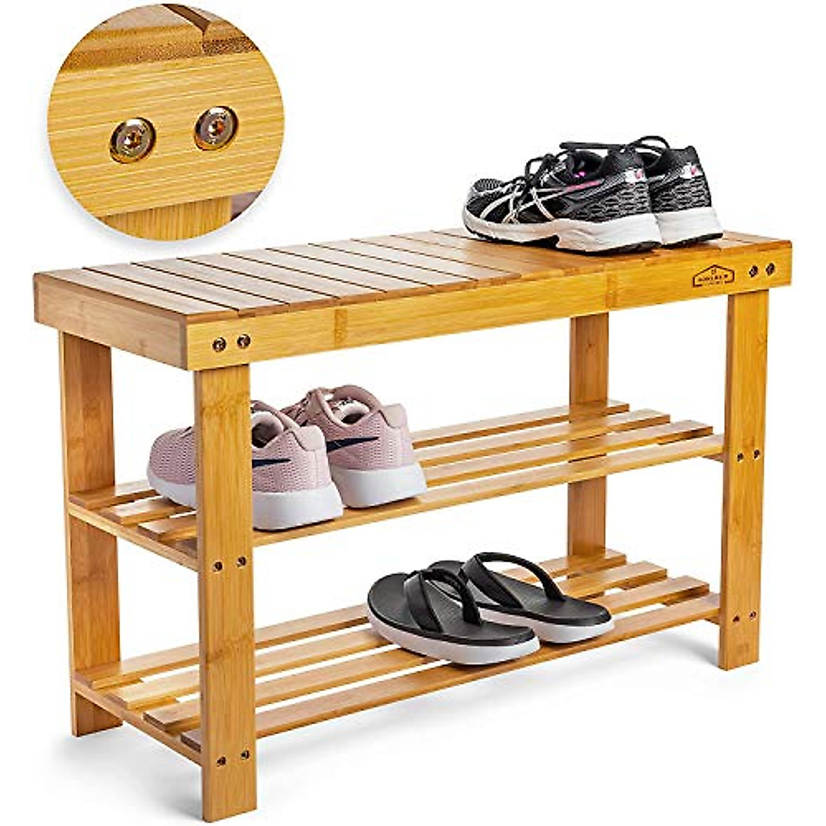 Homemaid Living Bamboo 3 Tier Shoe Rack Bench, Premium Shoe Organizer or Entryway Bench, Perfect for Shoe Cubby, Entry Bench, Bathroom Bench, Entryway Organizer, Hallway or Living Room(Natural Bamboo)