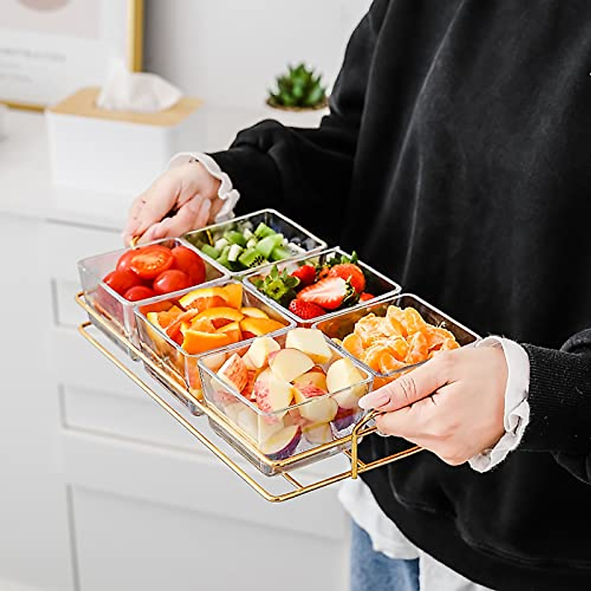 XKXKKE 6 Clear Glass Bowls Set with Gold Metal Rack, Condiment Dishes Serving Bowls Buffet Server Food Display Relish Tray for Fruit Dessert Appetizer Nuts Snacks Candy Chip Dip