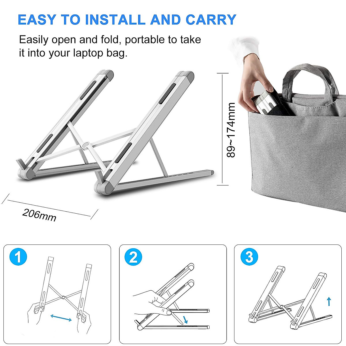 Jubor Laptop Stand, Portable Computer Laptop Mount, Aluminum Laptop Riser with 6 Levels Height Adjustment, Fully Collapsible, Supports up to 44lbs, Fits up to 17.3 Laptop - White