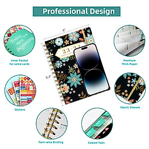 Ymumuda 2023 Planner, Weekly Monthly Planner 2023, 12 Months, JAN.2023 - DEC.2023, 8.4"×6", Spiral Planner Notebook with Stickers, Elastic Closure, Inner Pocket, Coated Tabs, Blue Embroidery Floral