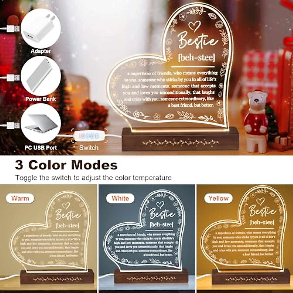 Weming Bestie Gifts for Women, Decorative Night Light Gifts, Sister Gifts, Bestie Birthday Gifts for Friends Coworker Workmates, Best Friendship Gifts for Christmas Thanksgiving Valentines Day,NL14