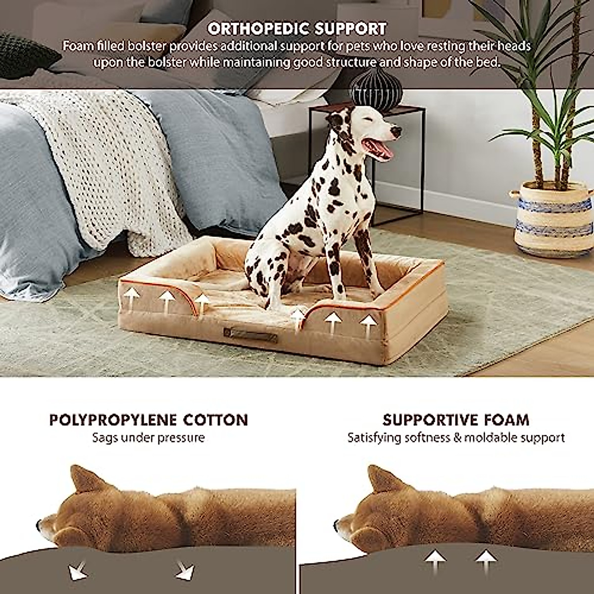 Codi Large Memory Foam Layer Dog Bed, Washable Orthopedic Dogs Beds Couch with Removable Zipper Cover, Waterproof Pet Sofa with U-Shape Bolster, Khaki, 91x68x(7.5+8.9) cm