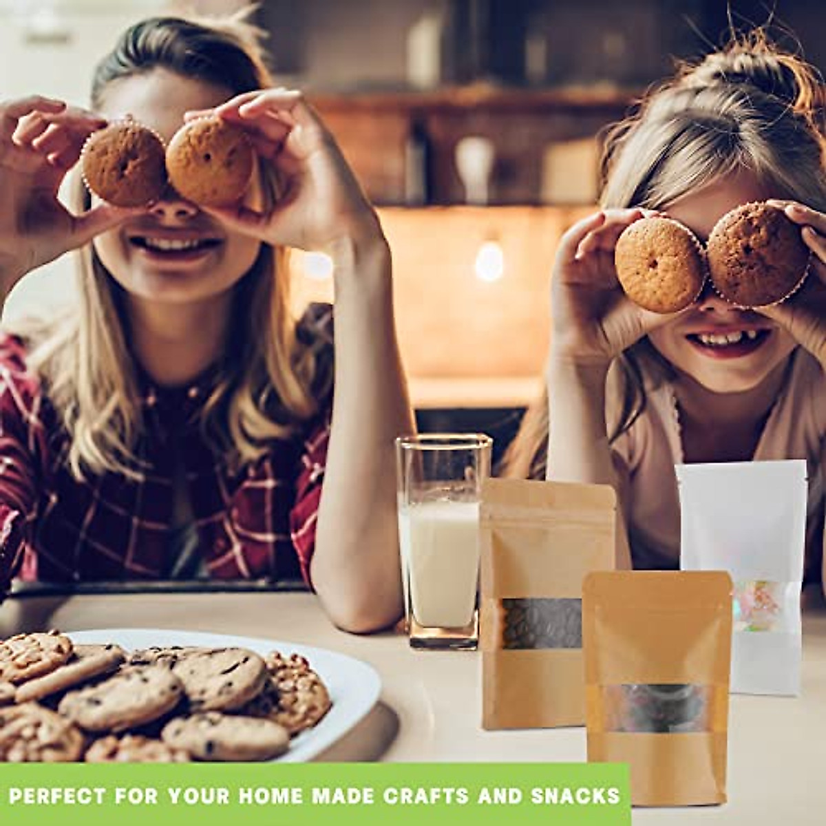 200 Pieces Kraft Paper Stand Pouch Bags Resealable Zip Bags with Matte Window 3.5 x 5.5 Inch White Brown Packaging Treat Bags Sealed Food Storage Bags for Packaging Products, Reusable