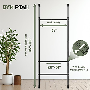 DYN Ptah Floor to Ceiling Adjustble Garment Rack, Heavy Duty Clothes Rack with 2 Shelves, Free Standing Clothing Hanger Tension Rod Cloth Storage Rack Black