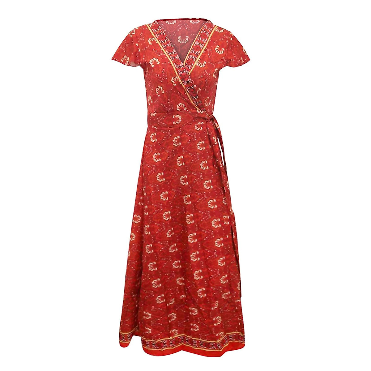 Casual Summer Dresses for Women 2023 Ladies Summer Casual V Neck Floral Print High Waist Belt Short Sleeve Hem Slit Wrap