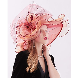 Z&X Women's Organza Church Fascinator Hair Clip Bridal Wedding Tea Party Hat Wide Brim Anti-UV Sun Hat Coral Red