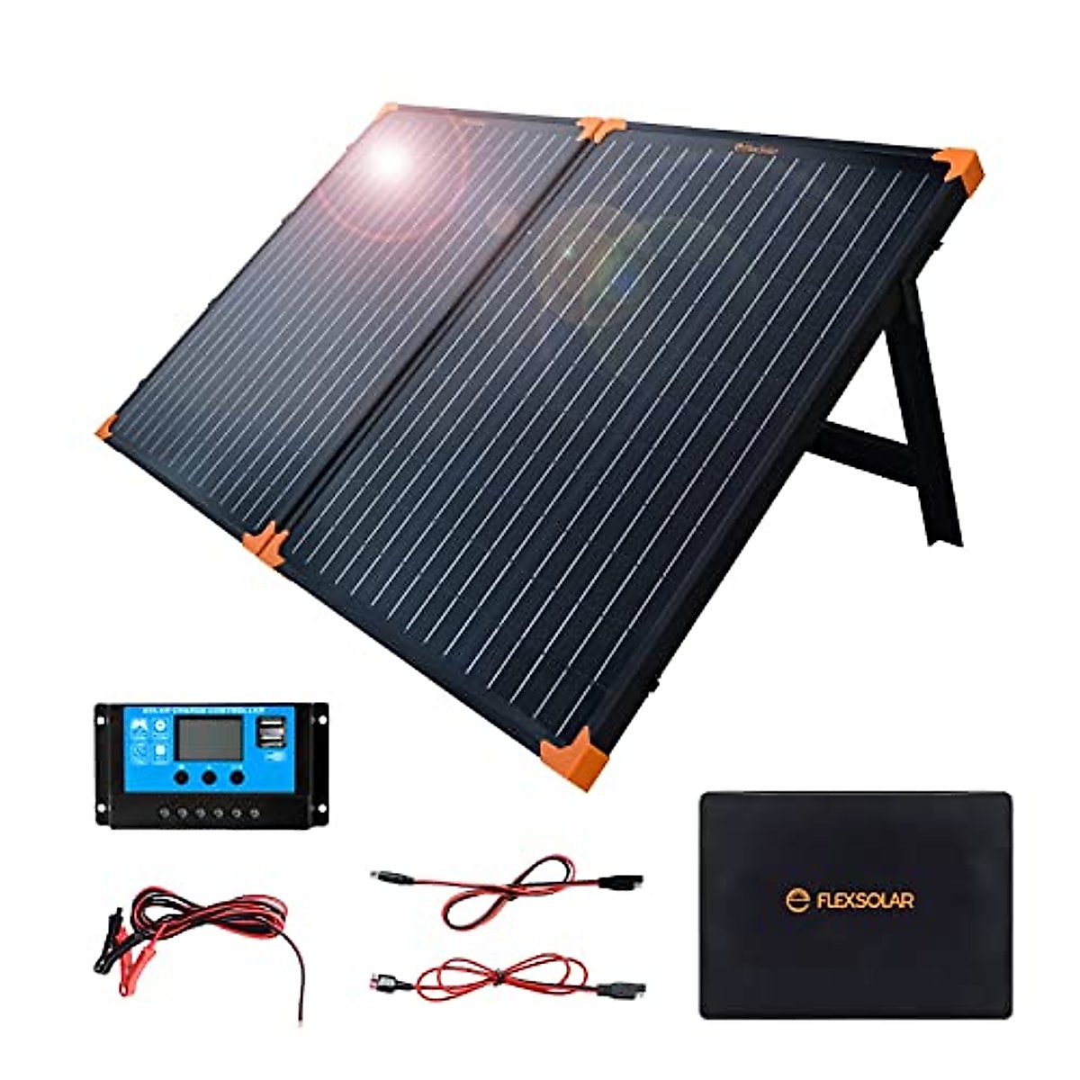 FlexSolar 100W Solar Panel Charger with 20A PWM Charger Controller, SAE 8mmDC Anderson Output IP65 Waterproof Foldable Suitcase with Kickstand Power Emergency for Battery Generator Power Station