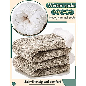 Fuzzy Slipper Socks for Women Fluffy Cozy Cabin Fleece Winter Warm Plush Home Thick Comfy Grips Non Slip Socks Christmas Gift Stocking Stuffer（Knit- Beige）