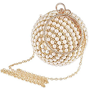 WPKLTMZ Womans Round Clutch Ball Handbag Dazzling Full Rhinestone Tassles Ring Handle Purse Pearls Evening Bag