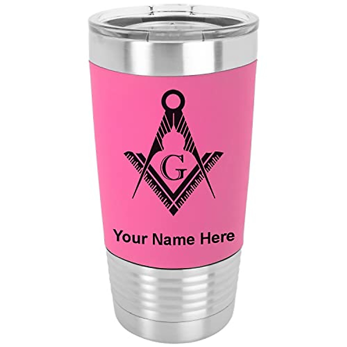 LaserGram 20oz Vacuum Insulated Tumbler Mug, Freemason Symbol, Personalized Engraving Included (Silicone Grip, Pink)