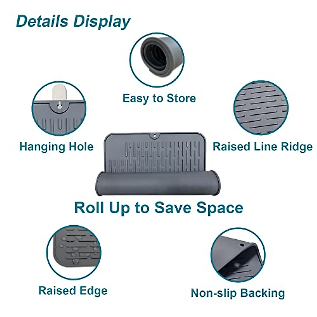 MENTBERY Dish Drying Mat, Silicone Dish Drying Mat for Kitchen Counter, Heat Resistant Non-slip Dish Mat Drying Kitchen Mat 16x12 Inch, Gray