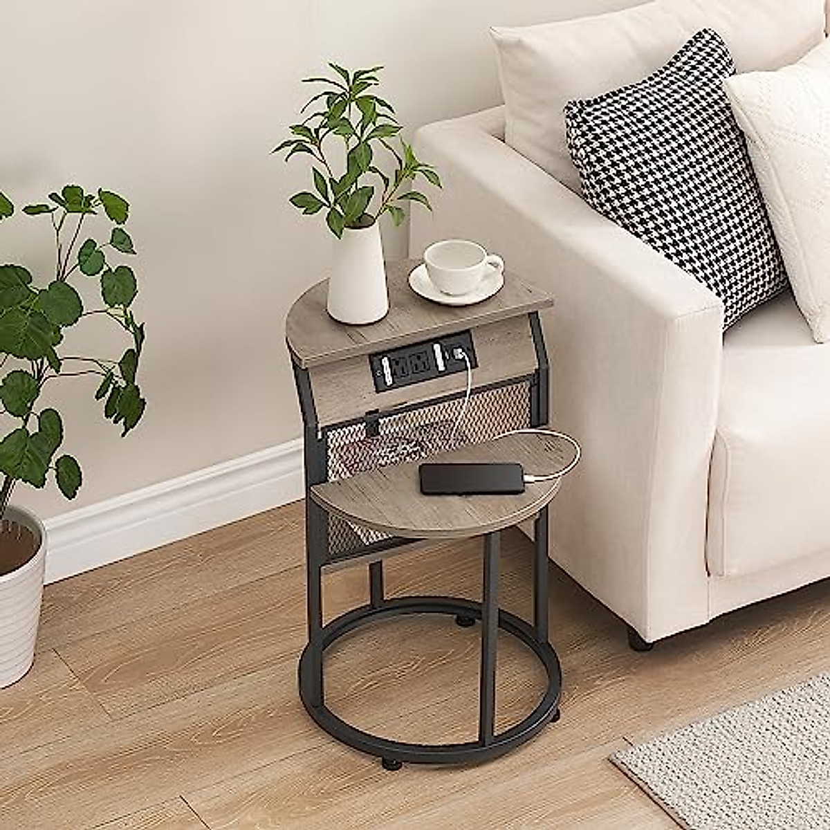 IDEALHOUSE Round End Table with Charging Station, Grey Wood Side Table with USB Ports and Outlets, Sturdy Circle Farmhouse End Table for Living Room, Bedroom and Couch