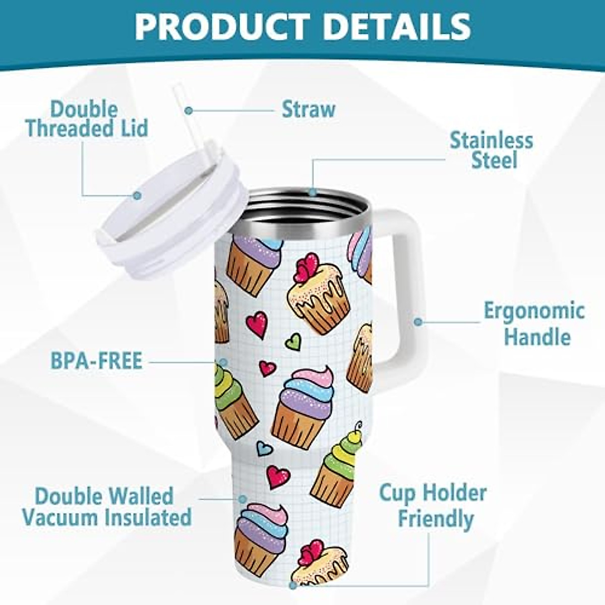ARGTILDN 30 oz Tumbler Cupcakes Cakes Hearts Insulated Travel Mug with Handle and Straw Lid Stainless Steel Vacuum Coffee Cup Tea Beverage Container Water Bottles for Car Sports office
