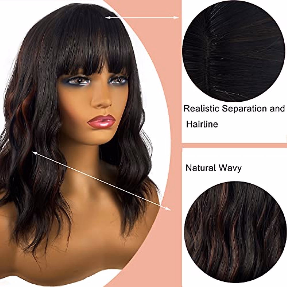 MIMISERVICE Black Short Wavy Wig with Bangs for Women Shoulder Length Black with Brown Bob Curly Women's Charming Synthetic Wigs with Natural Wavy Heat Resistant Hair for Daily Party Use