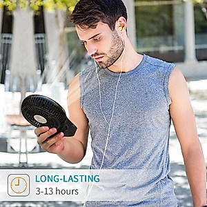 Mini Portable Battery Operated Desk Fan, Rechargeable & USB Powered Handheld Fan with Atmosphere Light & Flashlight, Strong Airflow, 3 Speeds, Small Personal Hand Held Fan for Desktop Camping (Black)