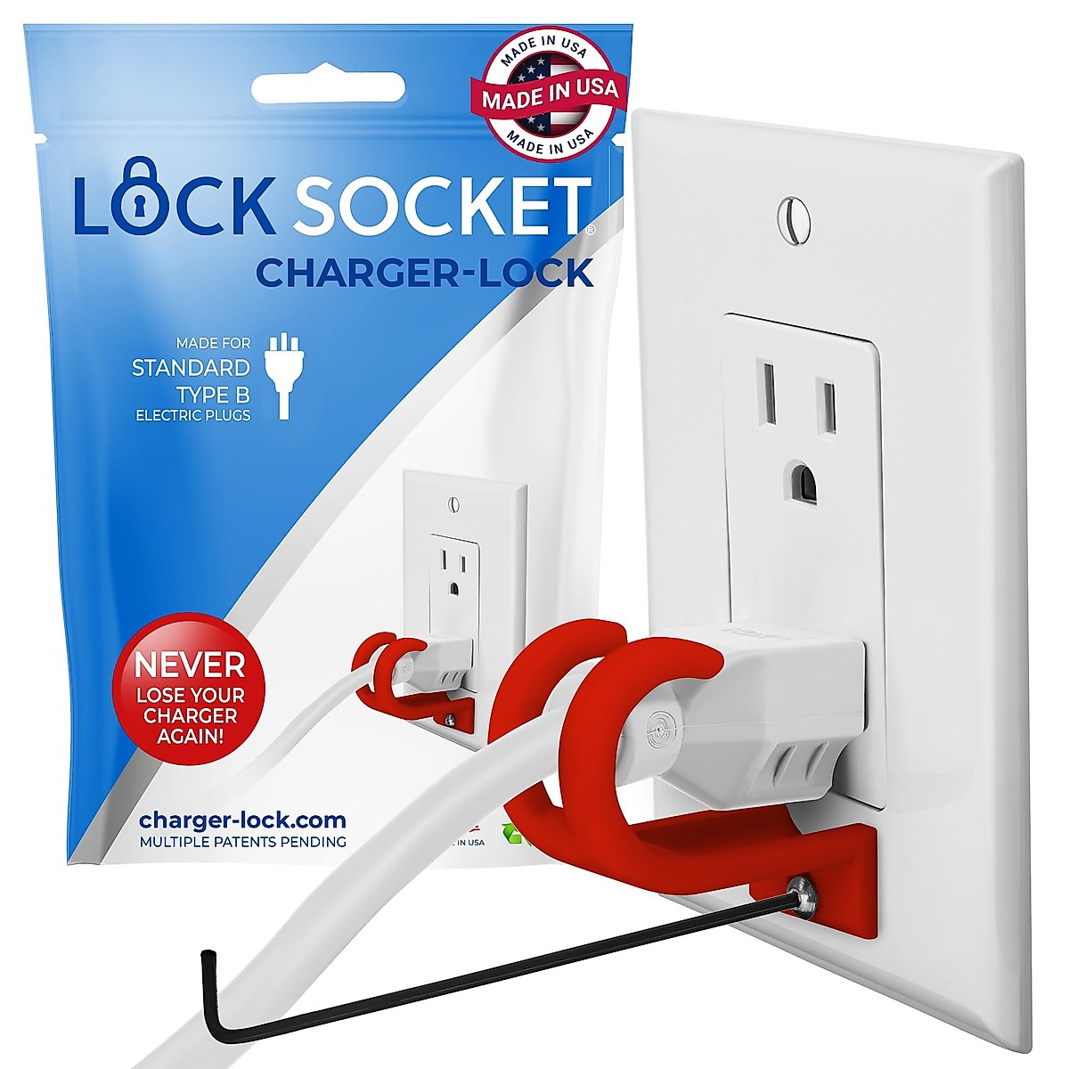 Lock Socket Outlet Lock - Anti Theft Outlet Lock to Secure Three Pronged Plugs, Innovative Way to Prevent Unplugging, Secure Locks for Cords, Includes Security Screw & Allen Wrench - Red