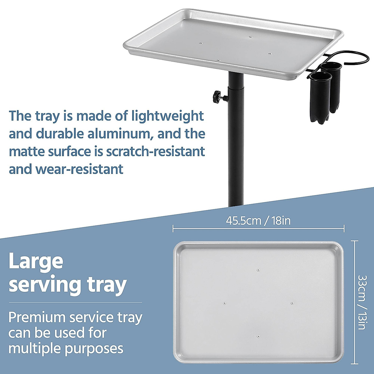 Yaheetech Rolling Salon Tray - Aluminum Trolley Cart Equipment on Wheels & Adjustable Height Mobile Beauty Salon Spa Stools Service Instrument Storage Tray w/Accessory Caddy - Silver