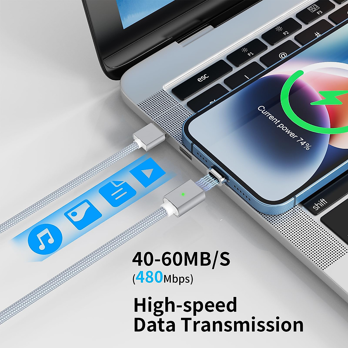 Magnetic Charging Cable 3A Fast Charging(3 Pack,3.3/6.6/6.6ft) 3 in 1 Magnetic Phone Charger with LED Light, Nylon Braided, for Lightning/USB-C/Micro-USB Device