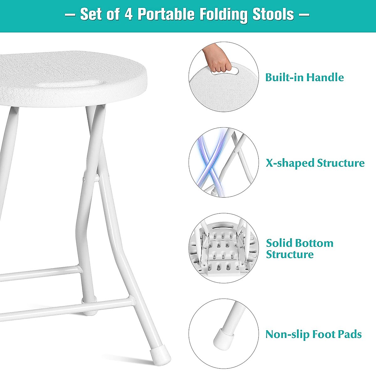 Giantex Set of 4 Folding Stool, Round Foldable Bar Stools, 4 Pack Portable Folding Chairs with Handle, Collapsible Stools 18 Inch 330lbs Capacity for Camping RV Party (White)